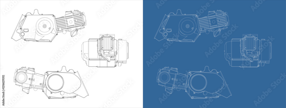 Motorcycles engines 100cc line drawing technical blueprints ...
