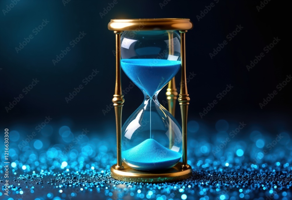 Sleek hourglass with blue sand glows against dark background. Elegant ...