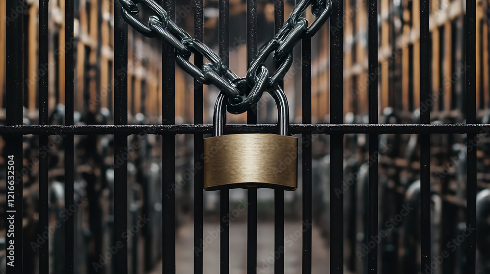 A sturdy brass padlock secures a dark metal gate, creating a powerful ...