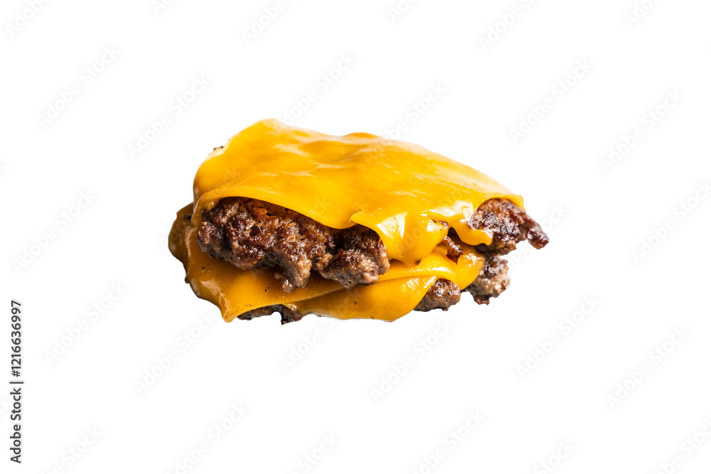 A stack of juicy hamburger patties layered with melted cheddar cheese ...