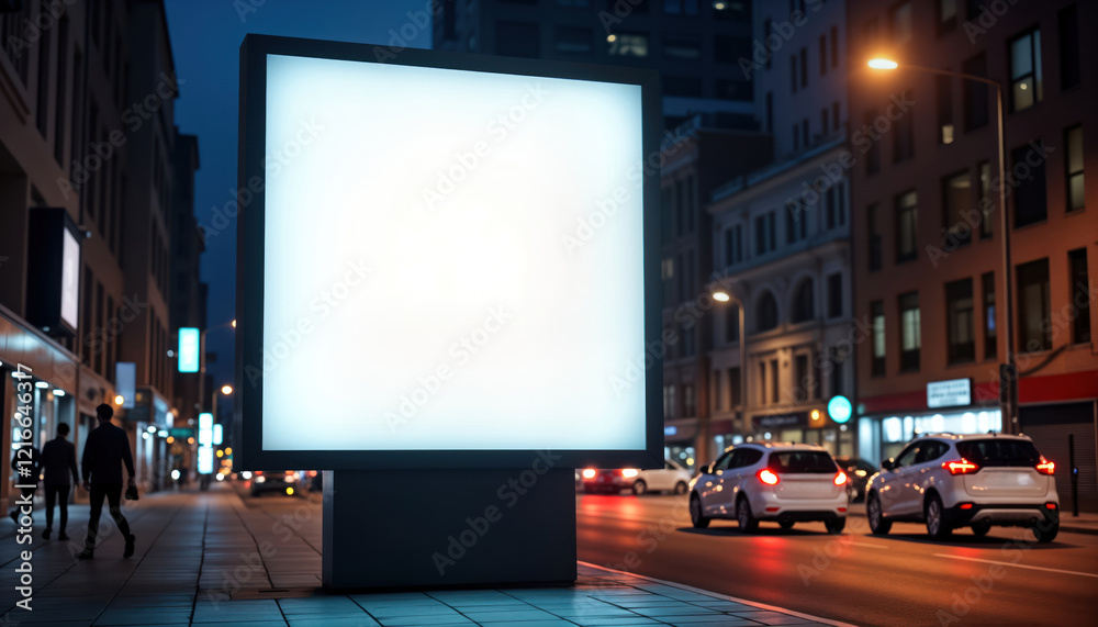 Blank square billboard mockup at night in urban street scene. Modern ...