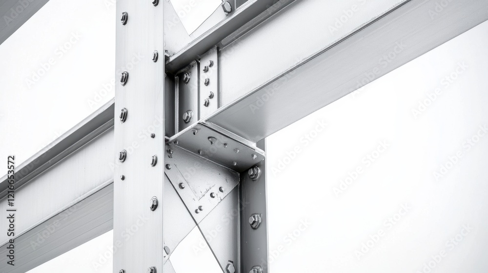 Steel frame structure showing beams and rivets on white background ...