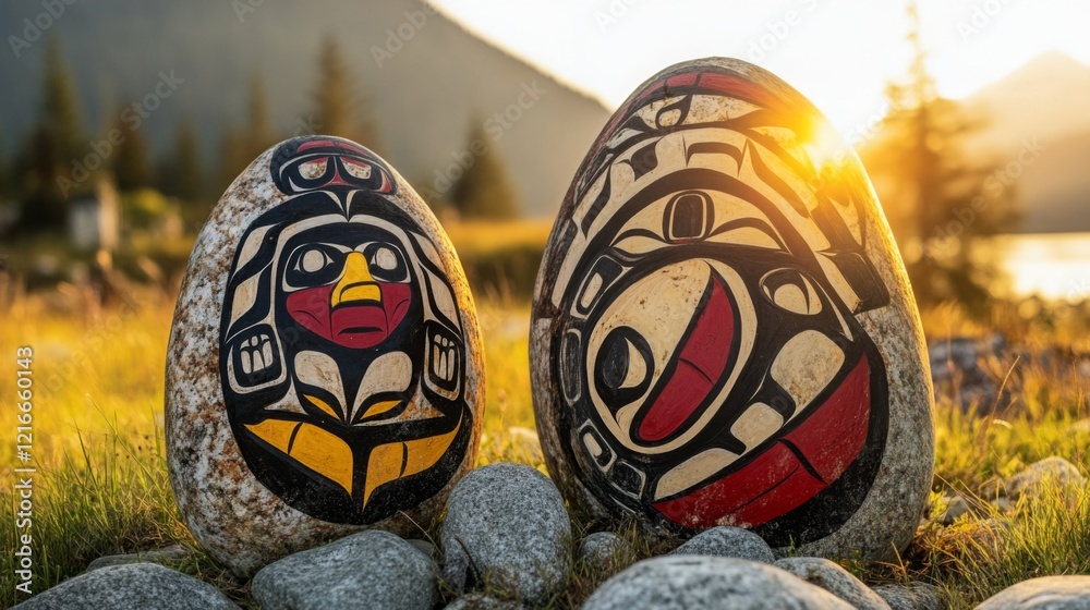 Native American painted stones. Traditional Indigenous Indian banner ...