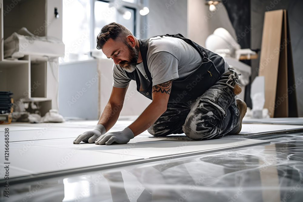 Tile installer, a man laying floor tiles in a new home, demonstrating ...