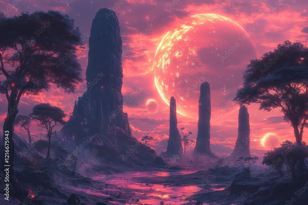 Otherworldly landscape with giant alien plants and multiple moons in ...