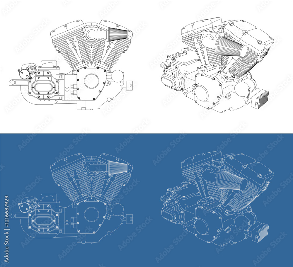engine V-twin Motorcycle line drawing technical blueprints Illustration ...