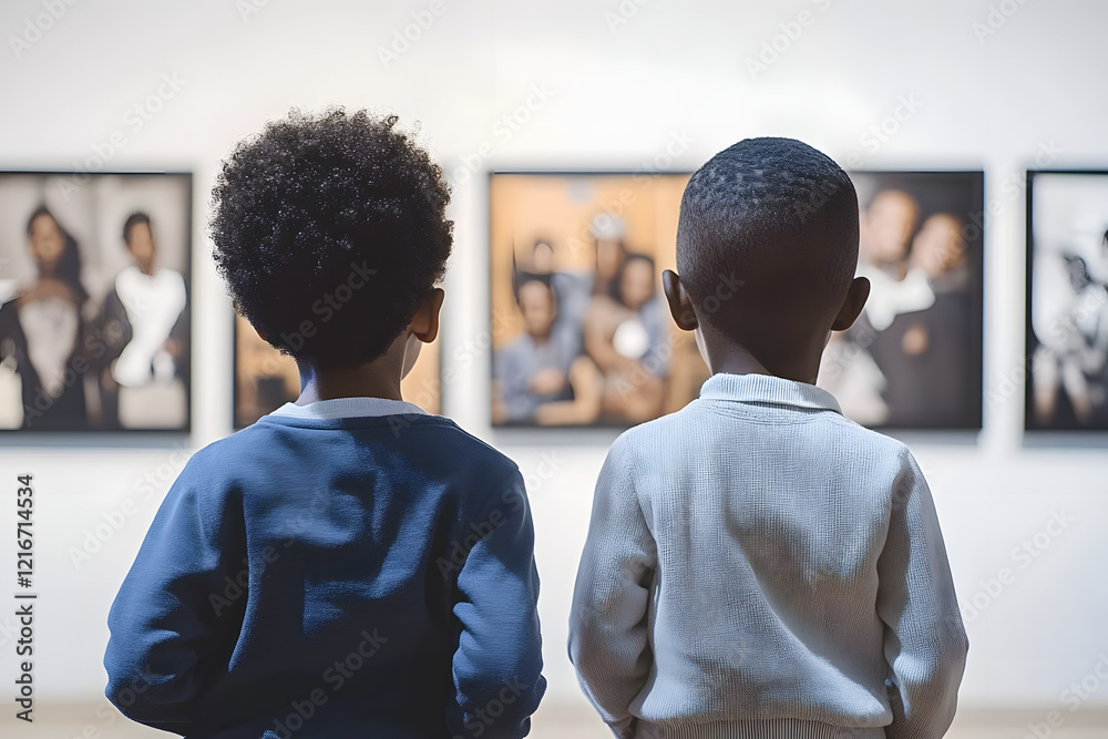 Focus on back view small two afro American kid boys with interest ...