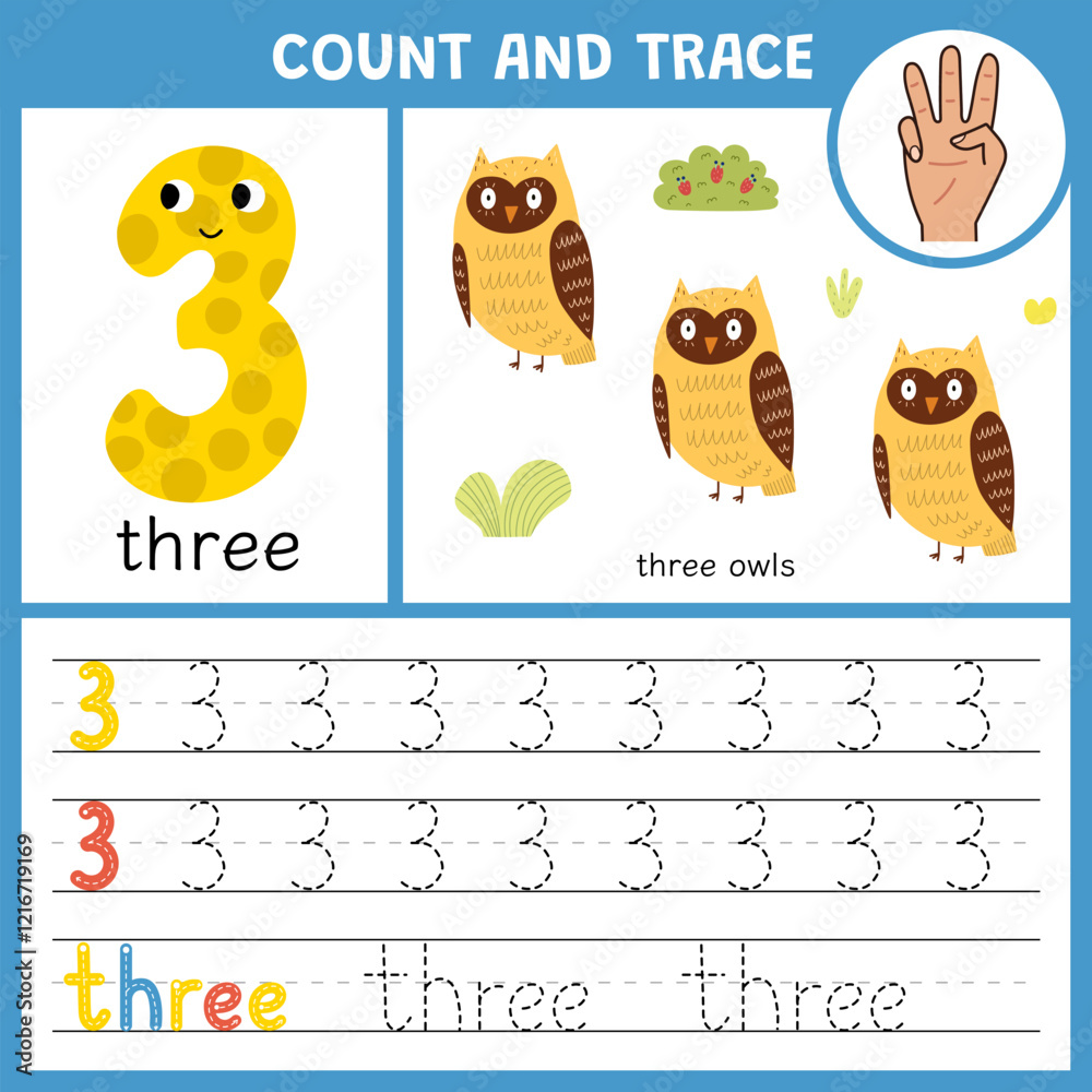 Number 3 tracing worksheet for kids. Learning numbers activity page for ...
