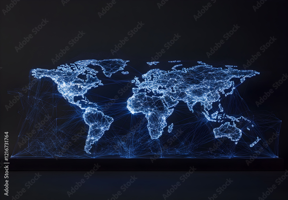 Futuristic Digital World Map with Glowing Lines and Connected Network ...