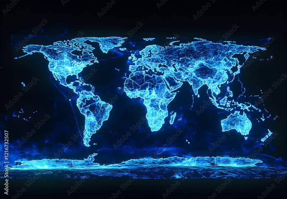 Futuristic Digital World Map with Glowing Lines and Connected Network Nodes, Symbolizing Global ...