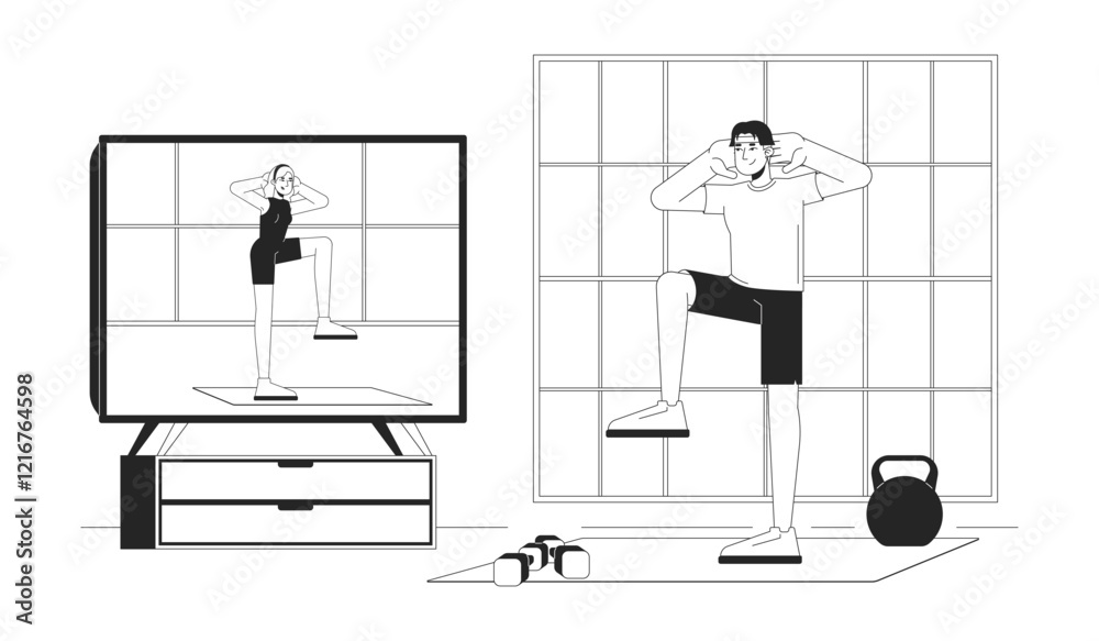 Virtual fitness class on TV linear illustration. Exercise at home ...
