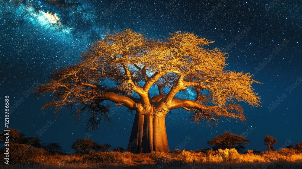 Glowing African baobab tree illuminated under a starlit sky ...