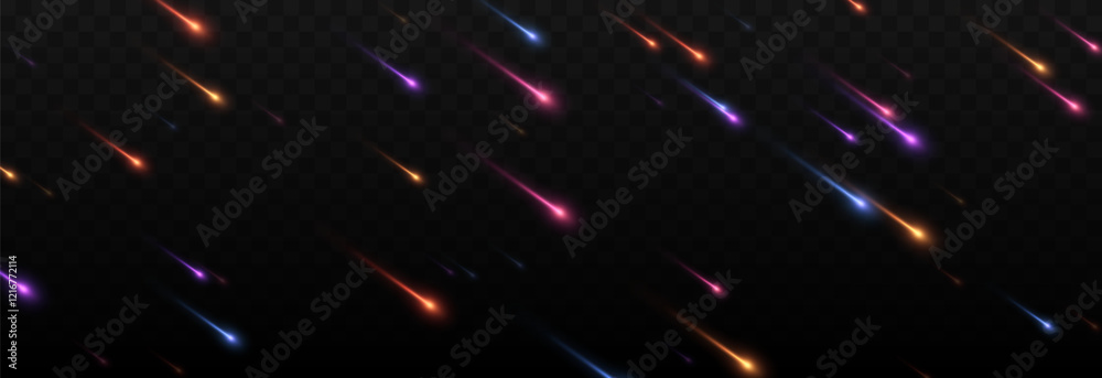 Vector meteor shower png. Falling comets on a transparent background. Cosmic starfall. Stock ...
