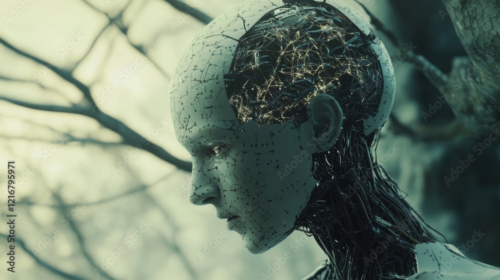 "humanoid robot with artificial brain analyzing data through complex network, representing the ...