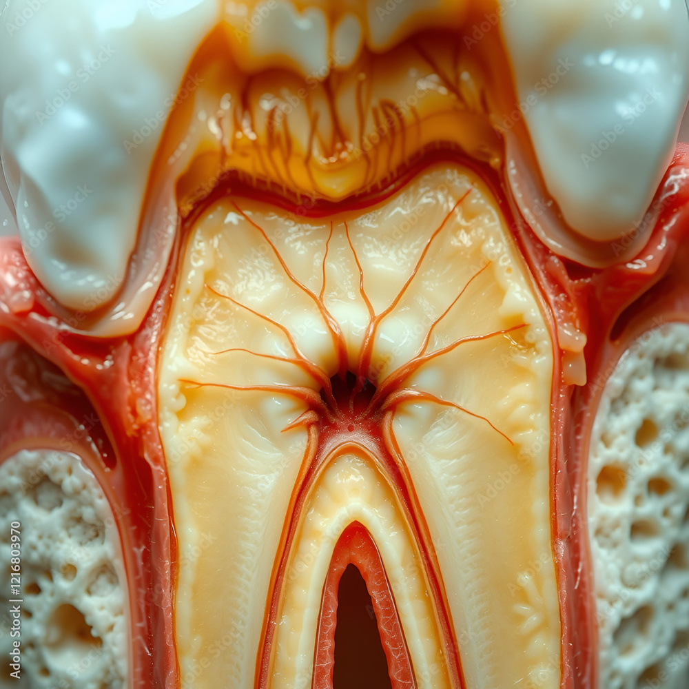 Detailed view of a tooth structure showcasing pulp, nerves, and ...