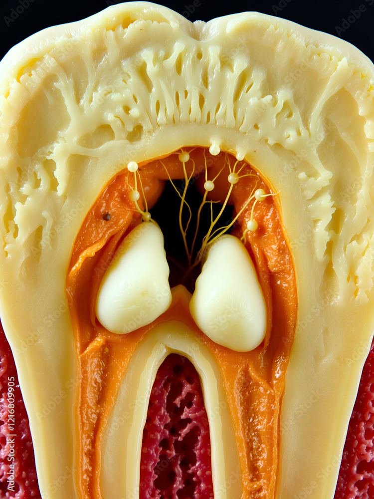 Detailed view of a tooth structure showcasing pulp, nerves, and ...