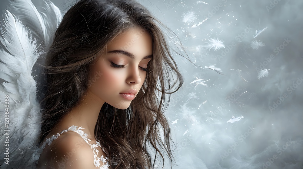 Enigmatic female angel with six wings, side profile portrayal, soft ...