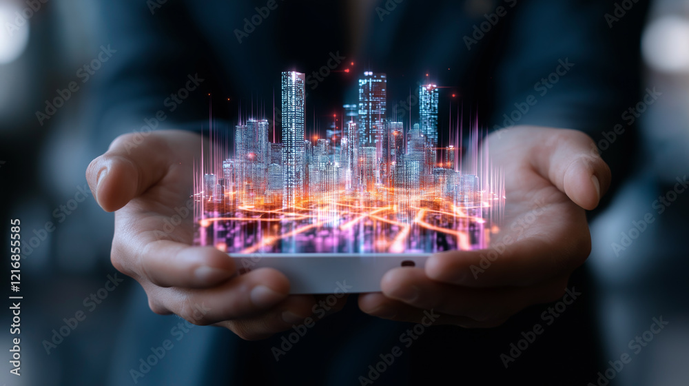 Hands showcase a compact holographic projector revealing a detailed 3D ...