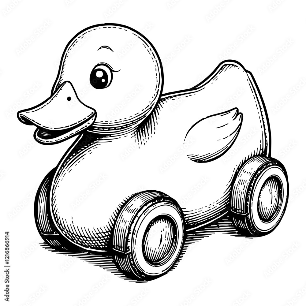 Duck Toy with Wheels Black and White Outline Line Art Drawing Detailed ...