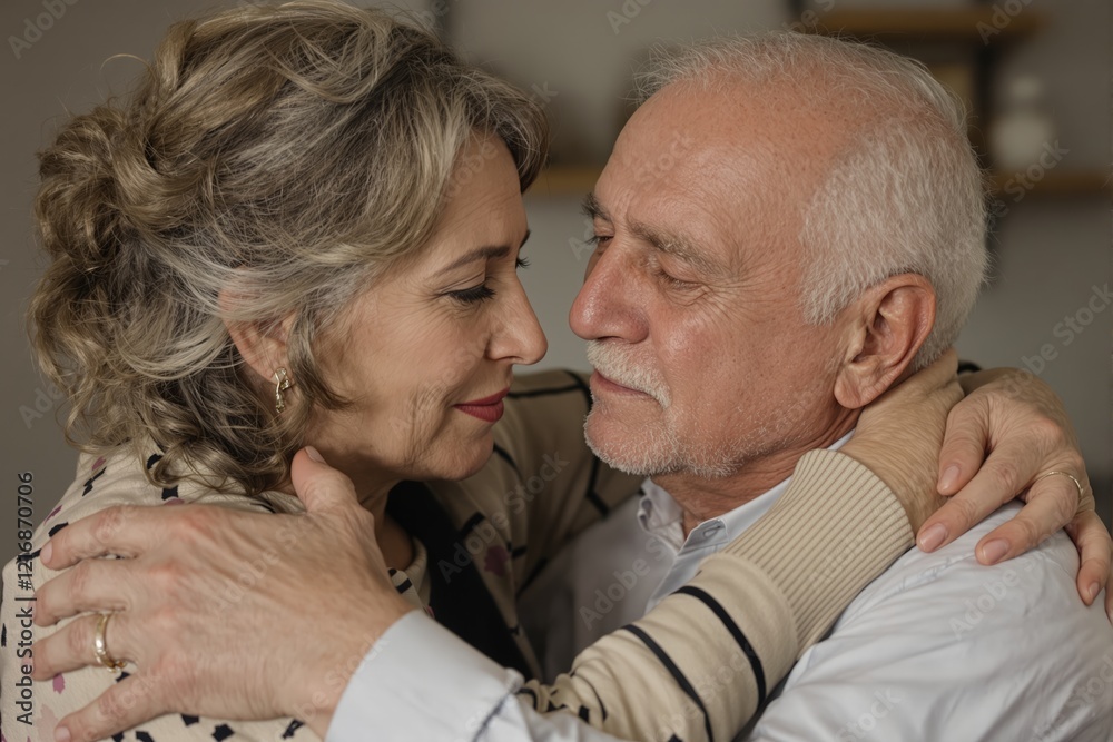 Supportive mature Caucasian woman hug comfort unhappy old husband ...