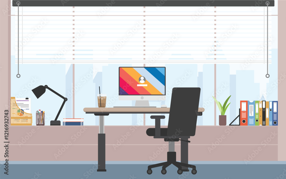 Office desk with computer monitor in front view, Private working room ...