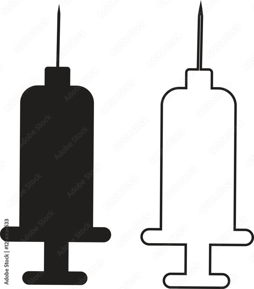 Syringe icon set. Injection medical syringe silhouette, symbol, Solid ...