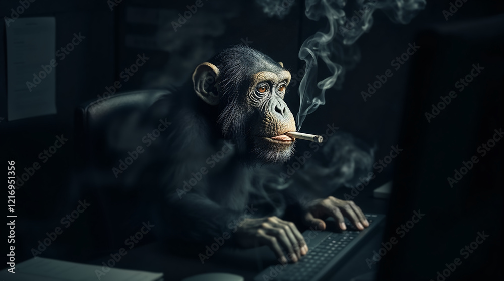 Monkey programmer typing computer code on a keyboard and smoking a ...