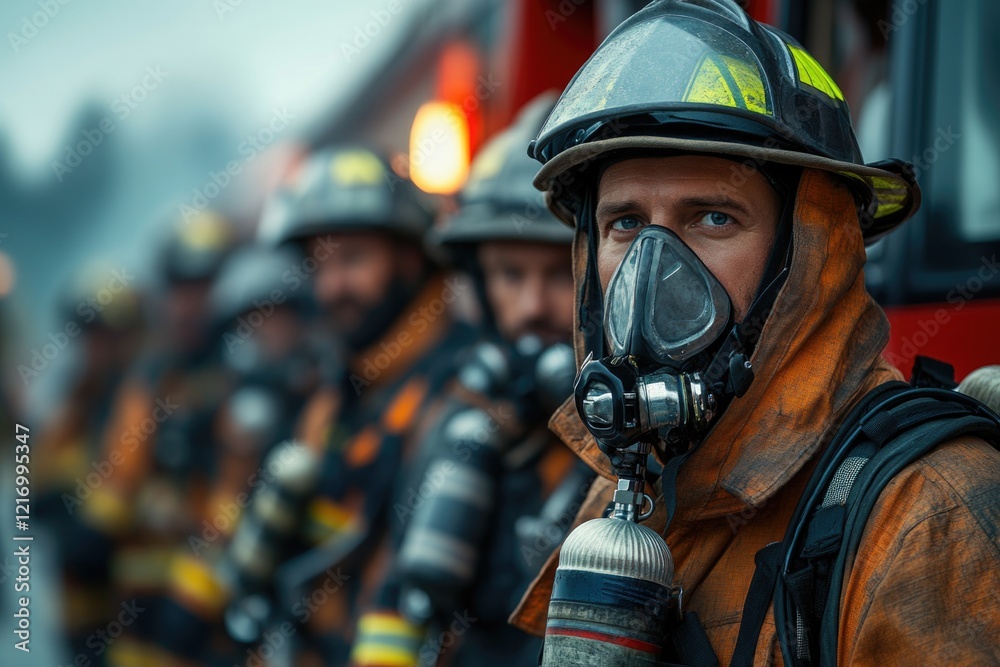 Group of firefighters standing together, uniformed and equipped with ...