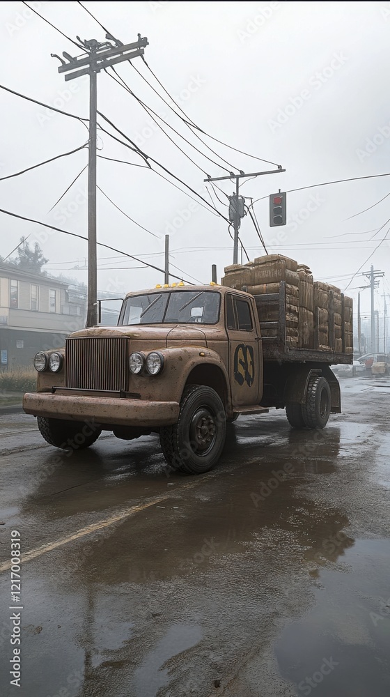 A large, vintage delivery truck is parked on a wet, foggy street ...