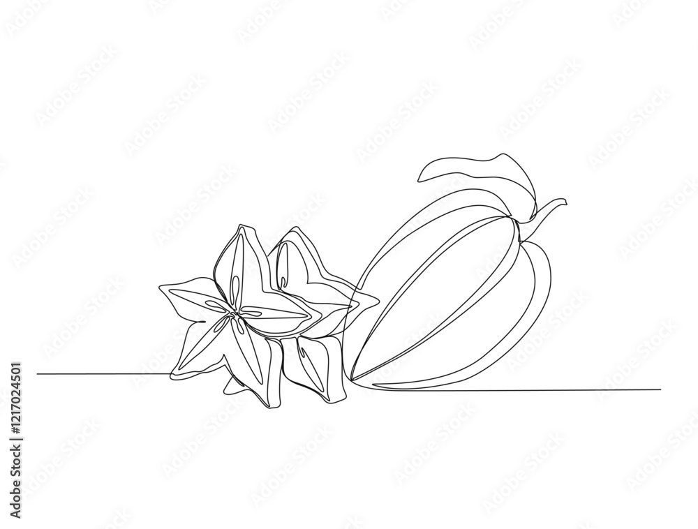 Continuous one line drawing of fresh star fruit. A whole and slice star ...