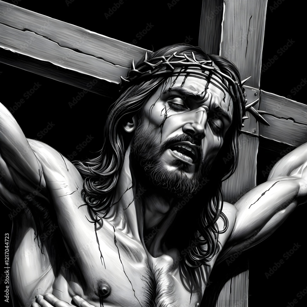 Dibujo a lápiz en blanco y negro que representa a Jesús crucificado. Stock Illustration | Adobe ...