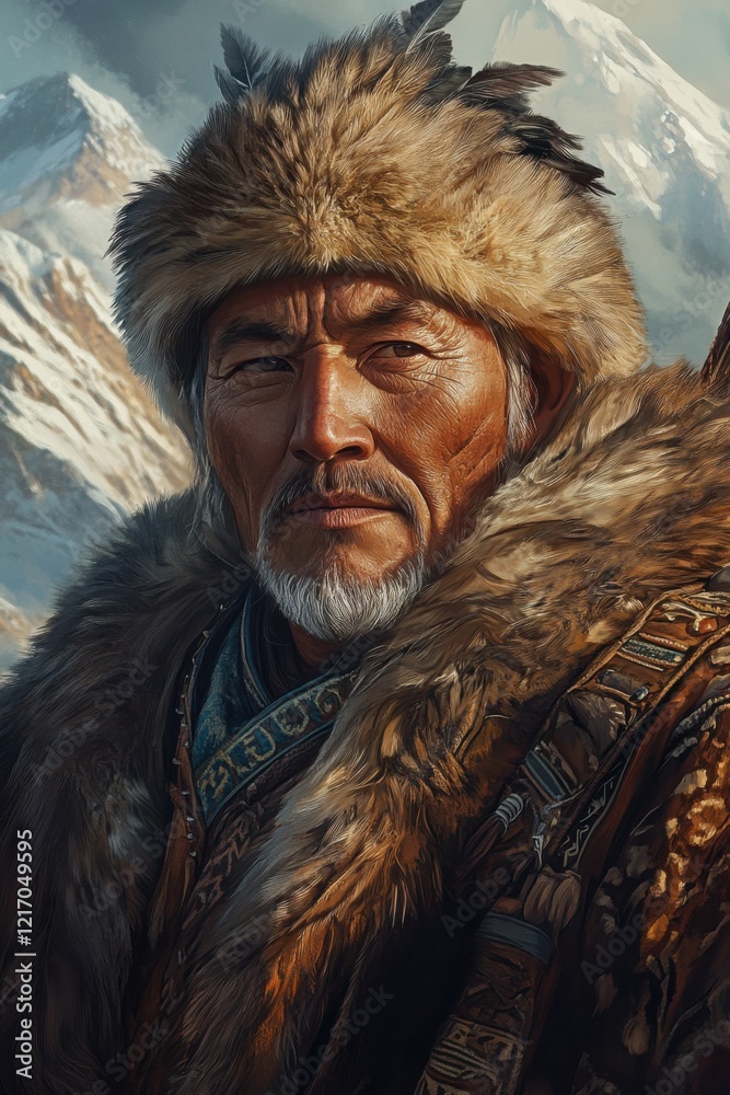 Kazakh eagle hunter gazing intensely into distance, traditional hunting ...