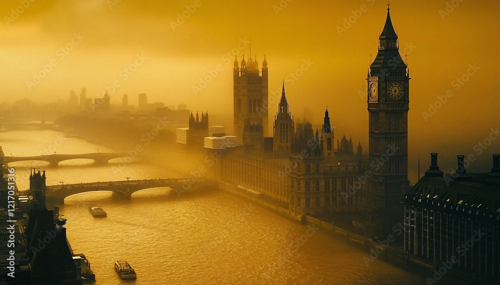 Air pollution impacts London's iconic landmarks under a yellowish haze ...