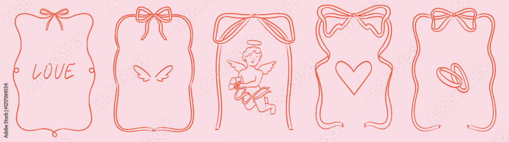 Romantic frame with bow and ribbons. Hand drawn red coquette borders ...