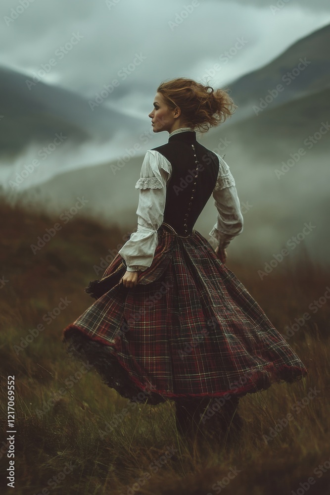 Scottish Highland dancer performing traditional steps, misty mountain ...