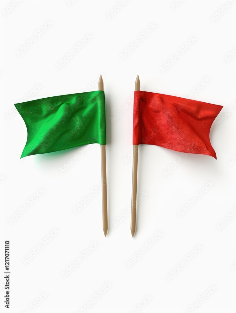 Red and green flags on poles isolated on white background, safety and ...