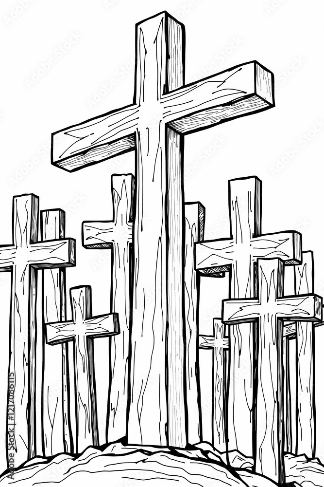 Many crosses standing together. Coloring book page outline. Printable ...