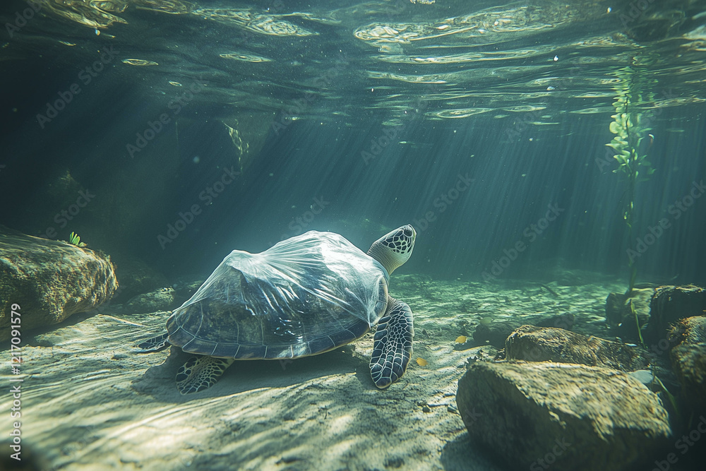 Plastic pollution in ocean. Marine animals and ecosystem destruction by ...