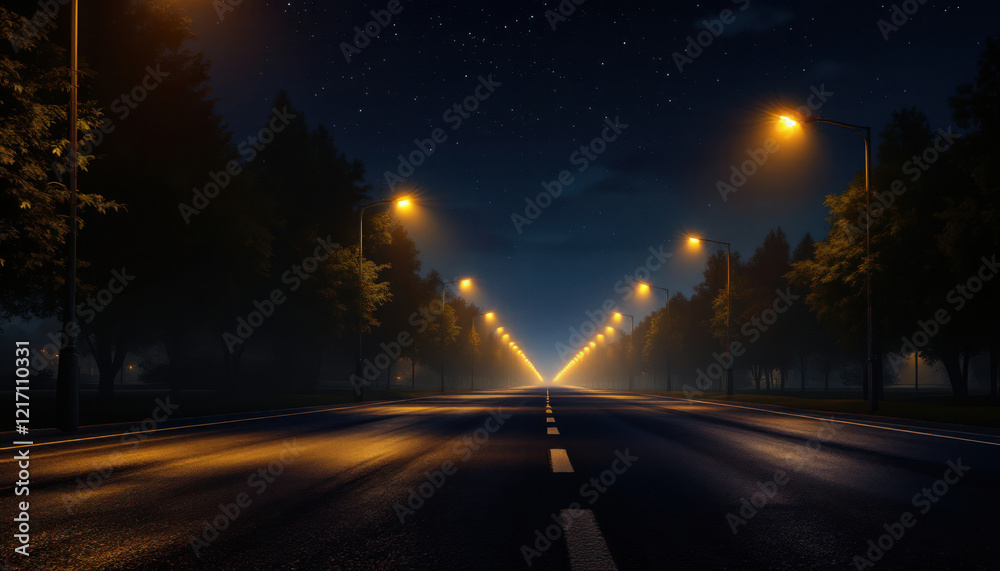 A hyper-realistic scene of an empty road at midnight, with streetlights ...