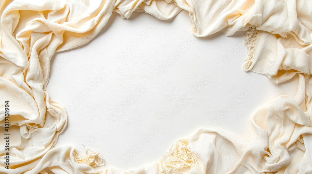Soft cream fabric with wrinkled texture frames blank white center ...