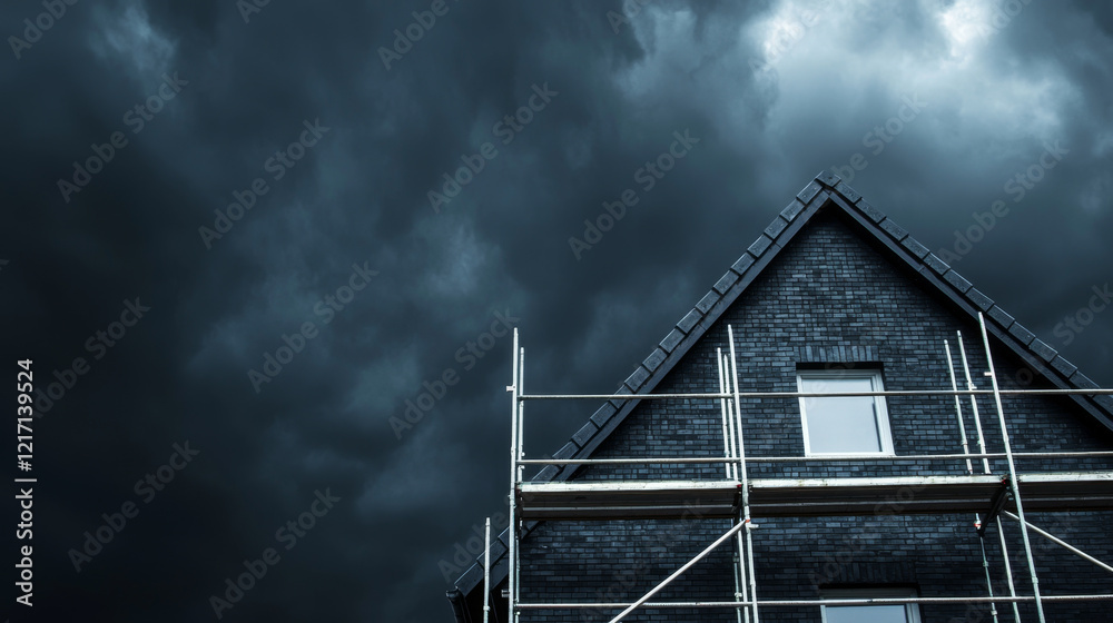 House scaffolding reconstruction concept. Scaffolding around house ...