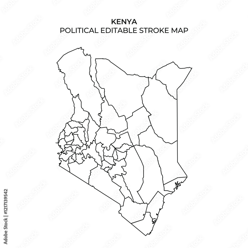 This detailed outline map displays the political boundaries of Kenya, highlighting various ...