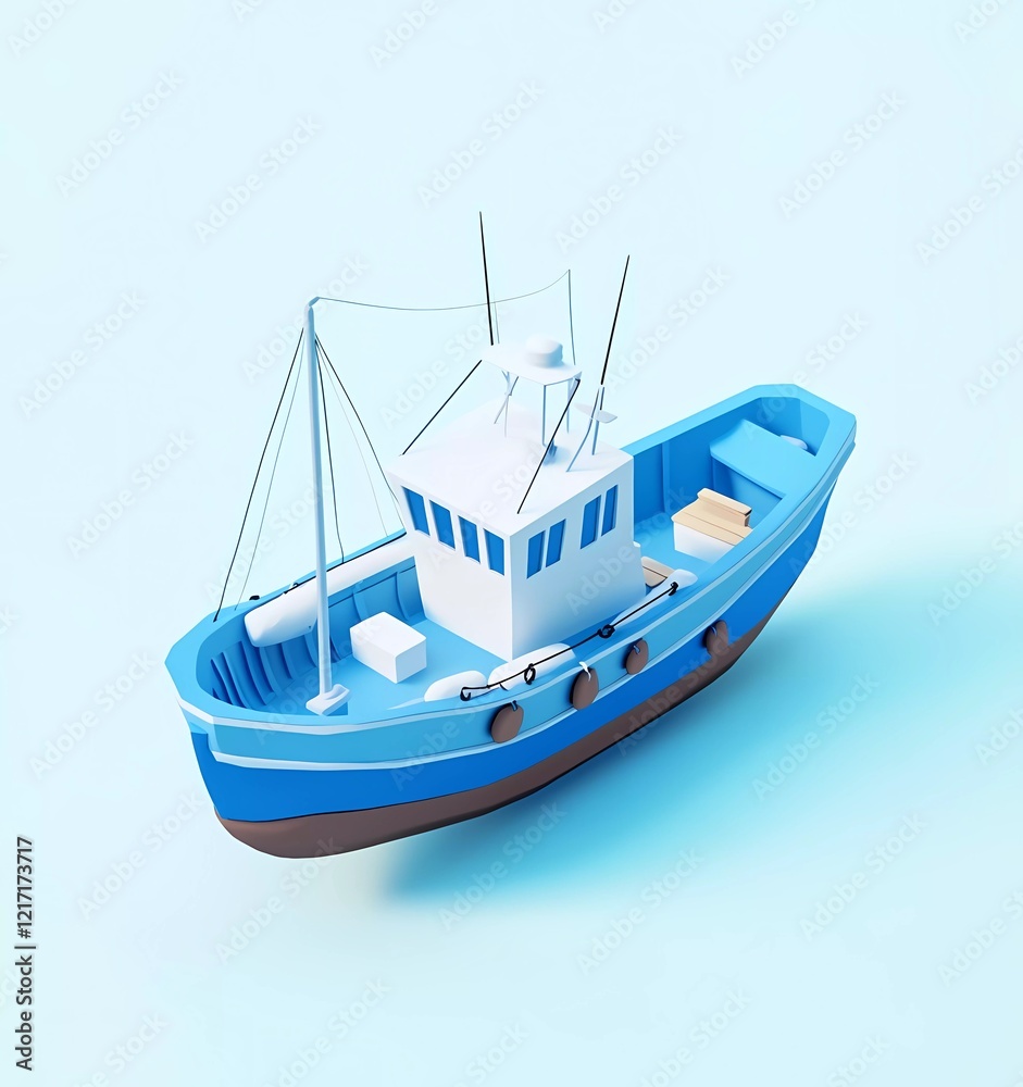 Simple cartoon blue and white fishing boat, isometric view, light ...
