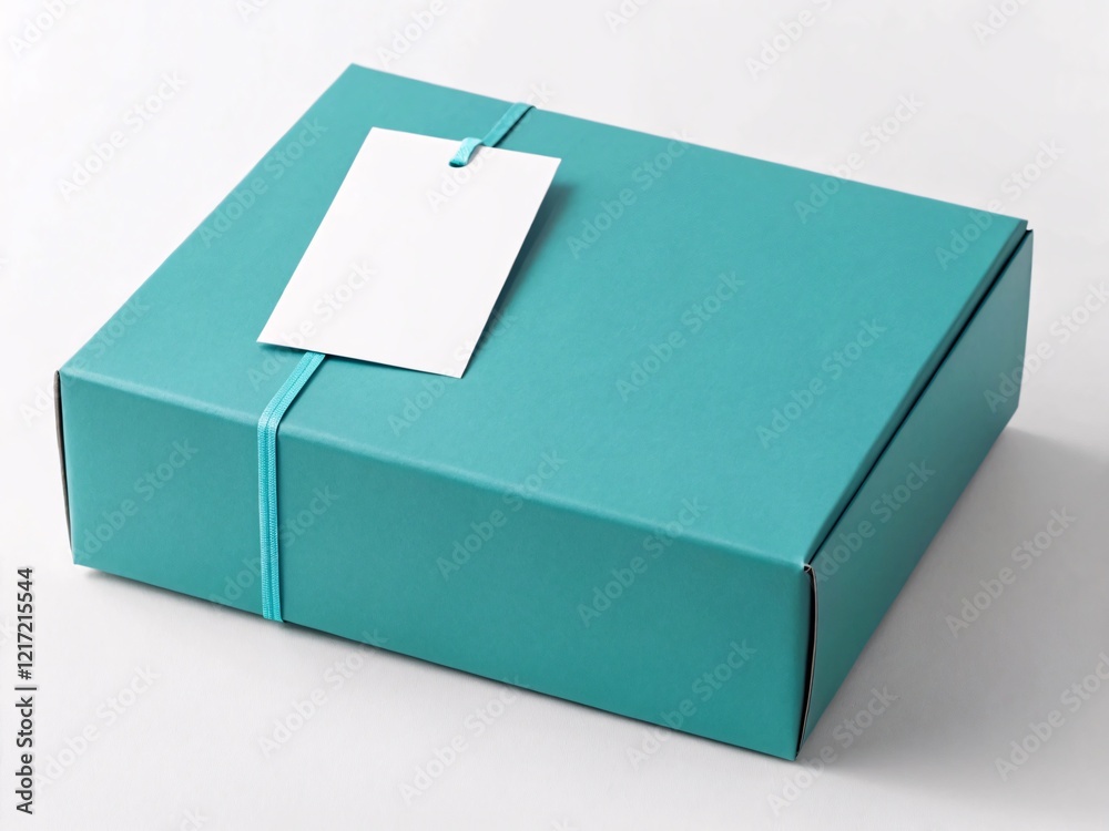 Matte teal packaging box featuring a white square tag showcased in a ...