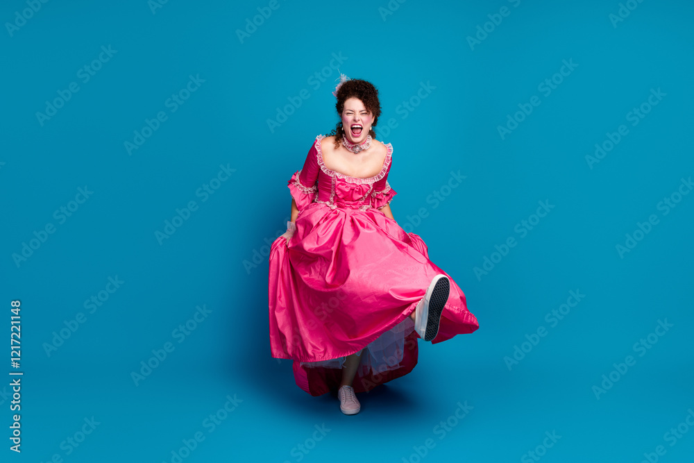 Full length photo of gorgeous pretty lady dressed pompous rococo ...