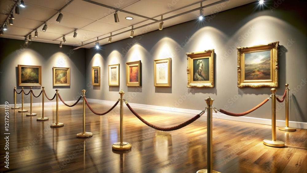 Elegant museum gallery interior with warm golden frame and rope barrier ...