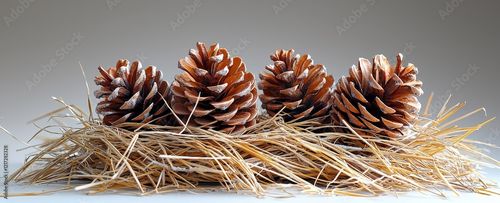 Border of pines and needles. Dry pine cones and needles isolated on a ...