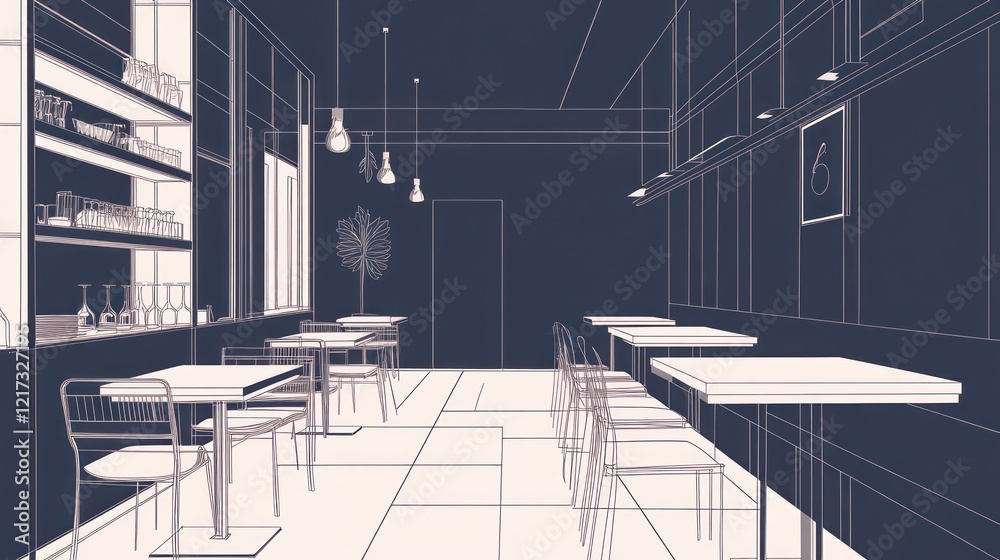 Interior Design Cafe Sketch, Modern Restaurant Layout, Empty Dining ...