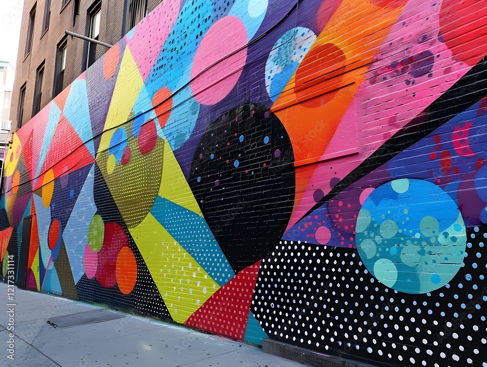 Illustration of A modern street art mural with bold dot fonts in neon ...