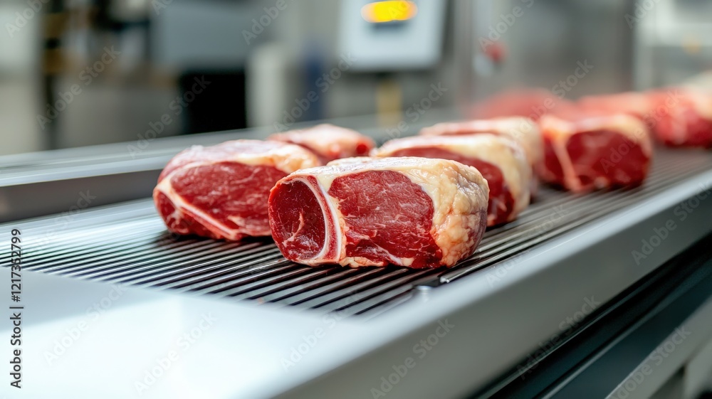 food safety hygiene training concept. Fresh cuts of meat on a conveyor ...